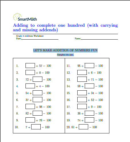 Adding to complete one hundred (with carrying and missing addends ...