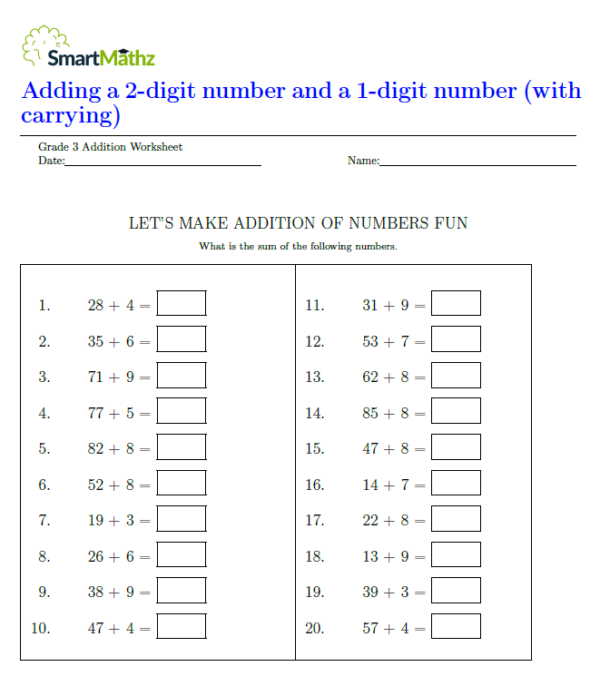 Adding a 2-digit number and a 1-digit number (with carrying) - SmartMathz