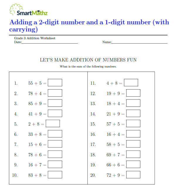 Adding a 2-digit number and a 1-digit number (with carrying) - SmartMathz