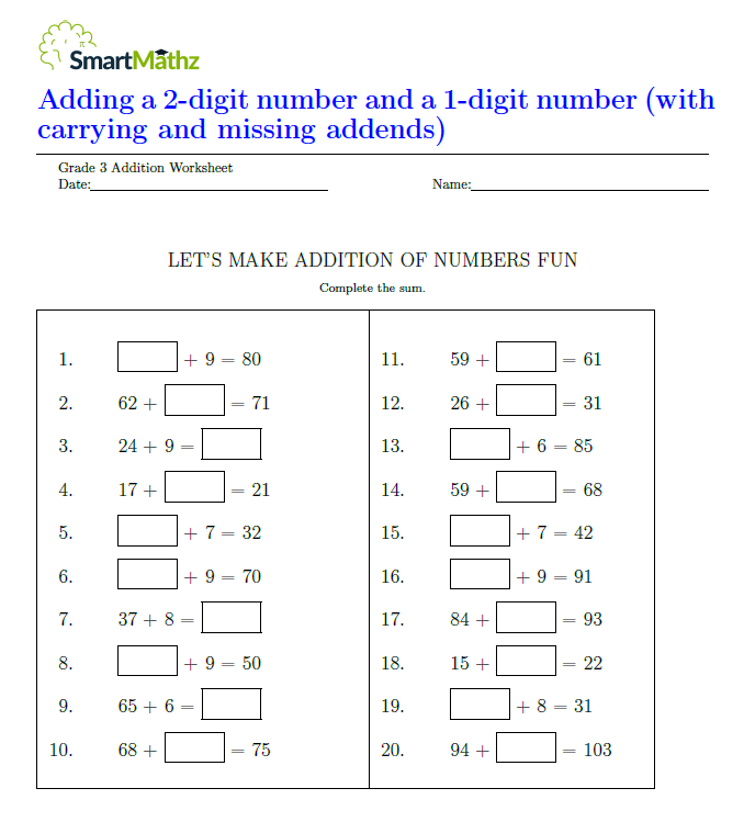 Adding a 2-digit number and a 1-digit number (with carrying and missing ...