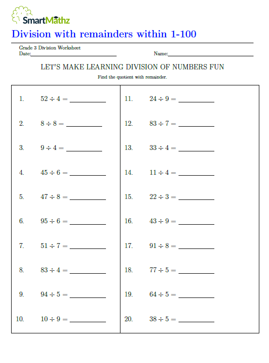 Division with remainders within 1-100 - SmartMathz
