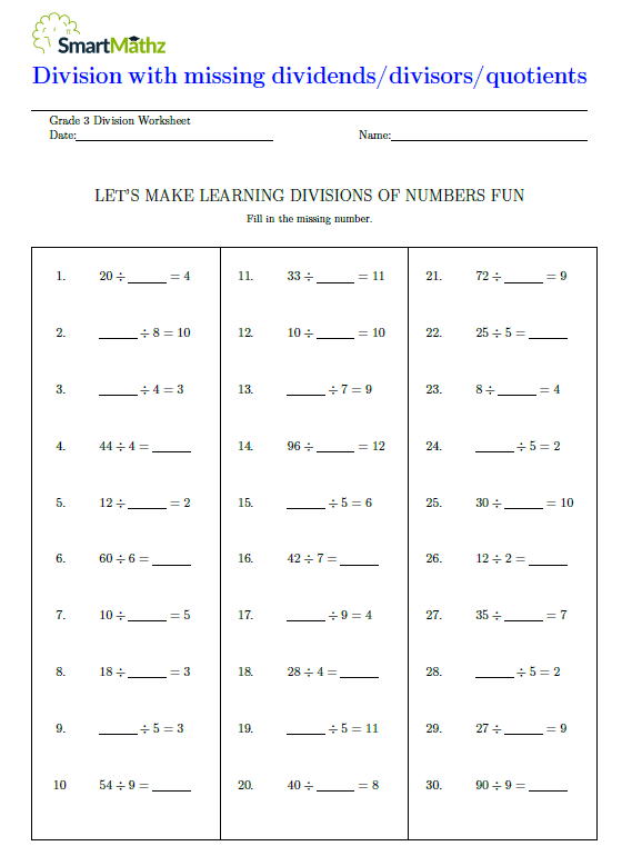 Division with missing dividends/divisors/quotients - SmartMathz