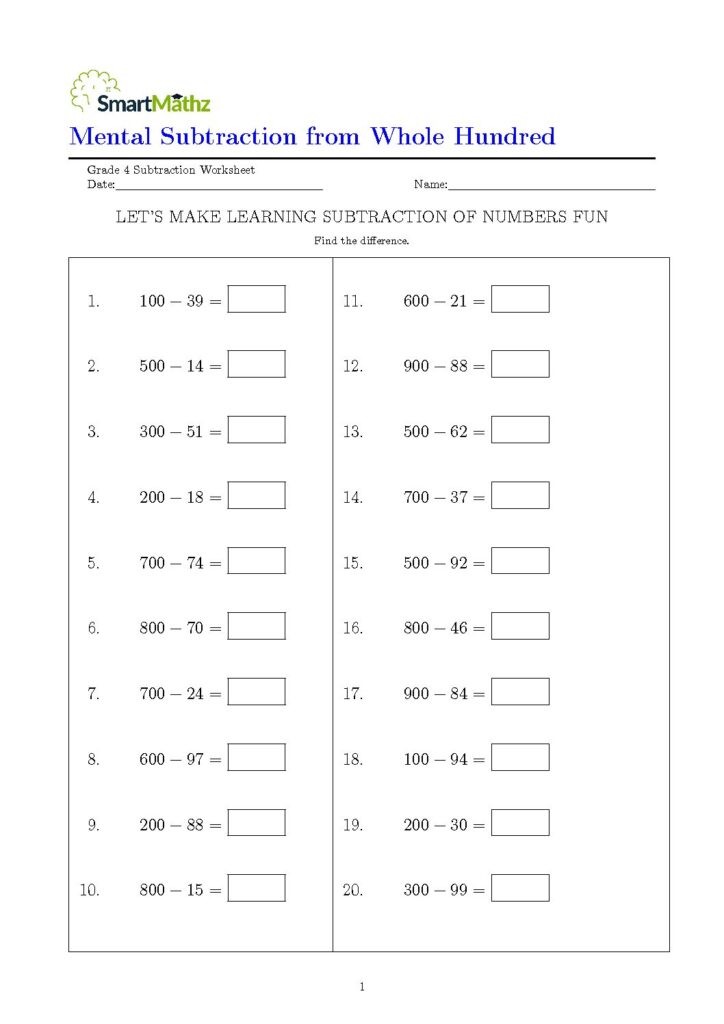 Grade 4 Subtraction Archives - SmartMathz