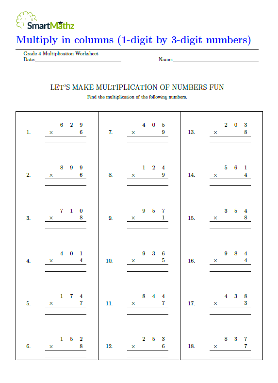 Multiply in columns (1-digit by 3-digit numbers) - SmartMathz