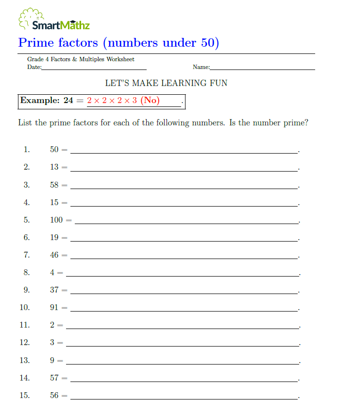Prime factors (numbers under 50) - SmartMathz