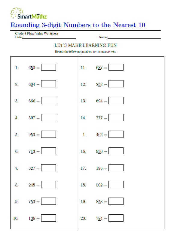 Rounding 3-digit Numbers to the Nearest 10 - SmartMathz