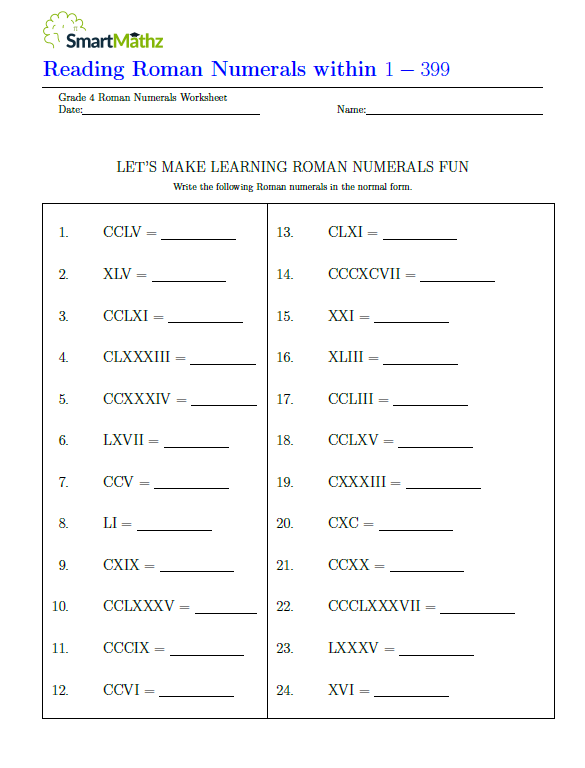 Reading Roman Numerals within 1 - 399 - SmartMathz