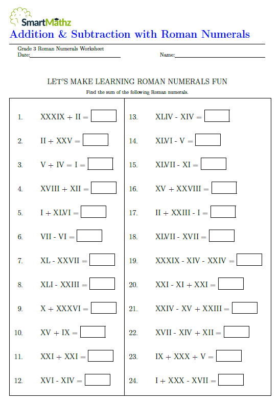 Addition & Subtraction with Roman Numerals - SmartMathz