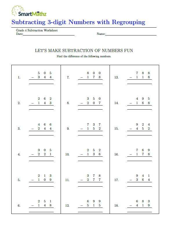 Subtracting 3-digit Numbers with Regrouping - SmartMathz