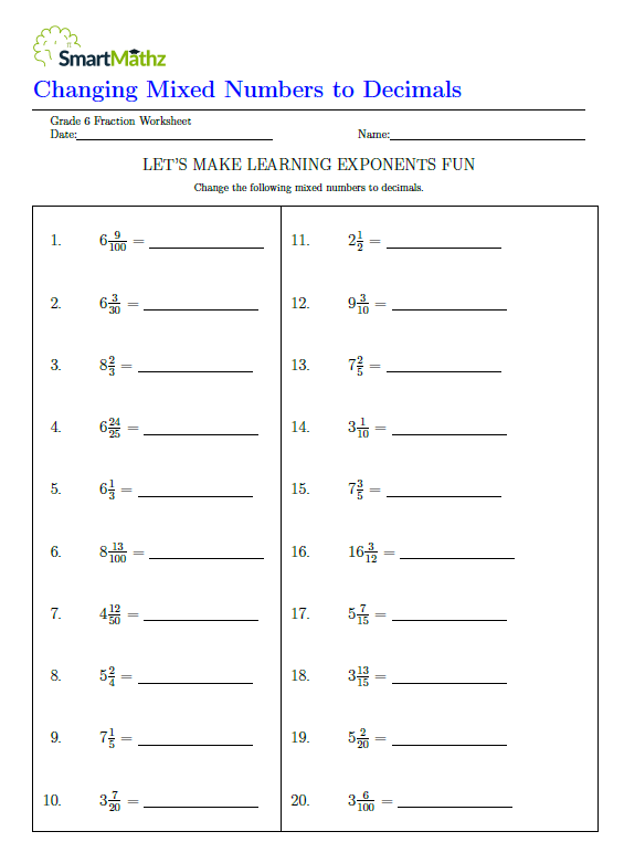 Changing Mixed Numbers to Decimals - SmartMathz