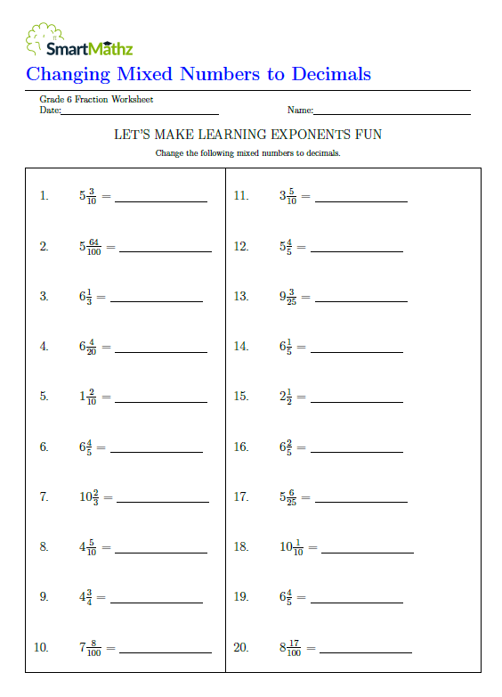 Changing Mixed Numbers to Decimals - SmartMathz