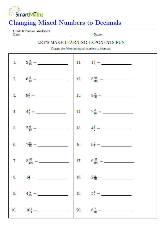 Changing Mixed Numbers to Decimals - SmartMathz