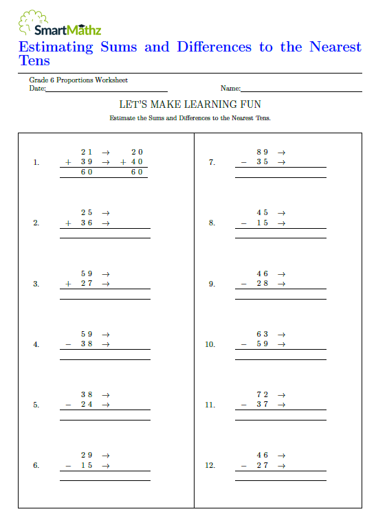 Estimating Differences Worksheets