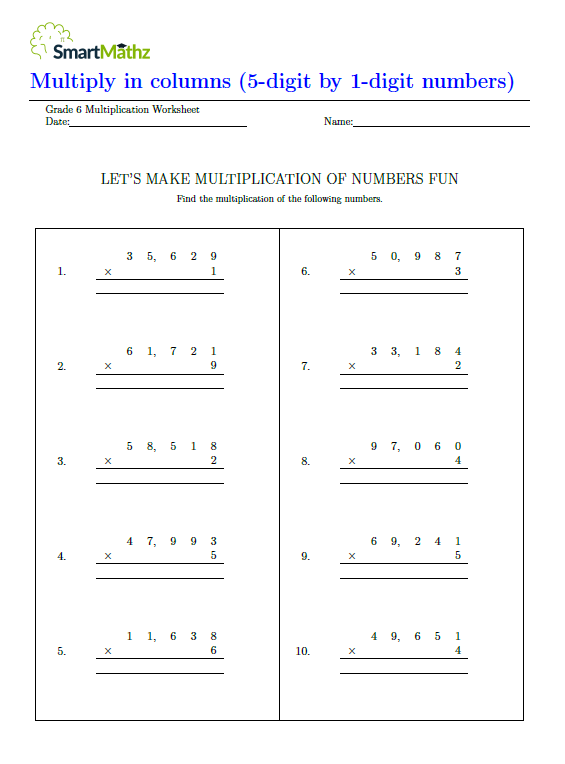 Multiply in columns (5-digit by 1-digit numbers) - SmartMathz