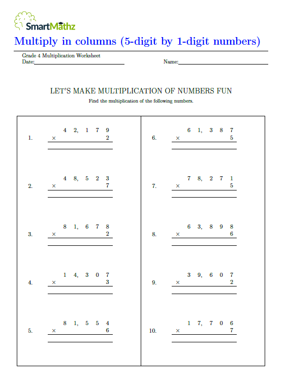 Multiply in columns (5-digit by 1-digit numbers) - SmartMathz