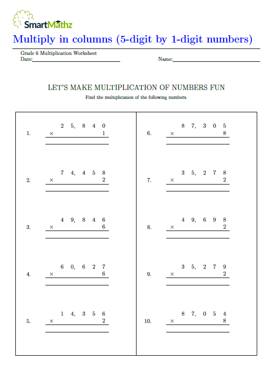 Multiply in columns (5-digit by 1-digit numbers) - SmartMathz