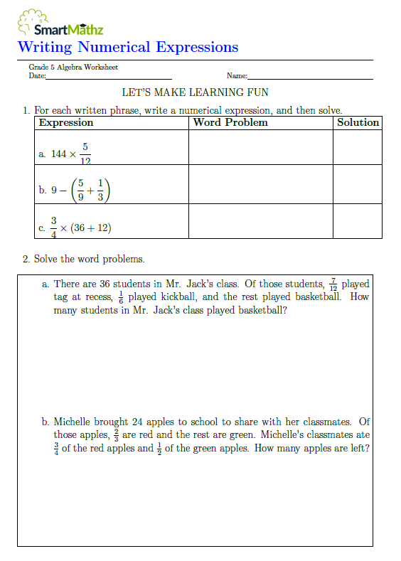 Writing Numerical Expressions - SmartMathz