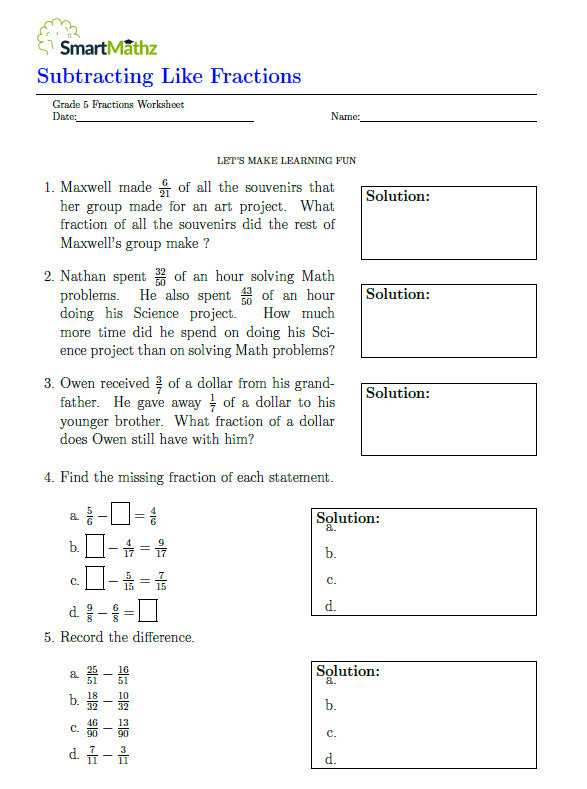 Subtracting Like Fractions - SmartMathz