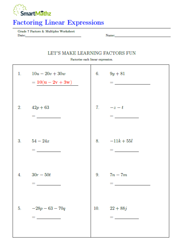 Factoring Linear Expressions - SmartMathz