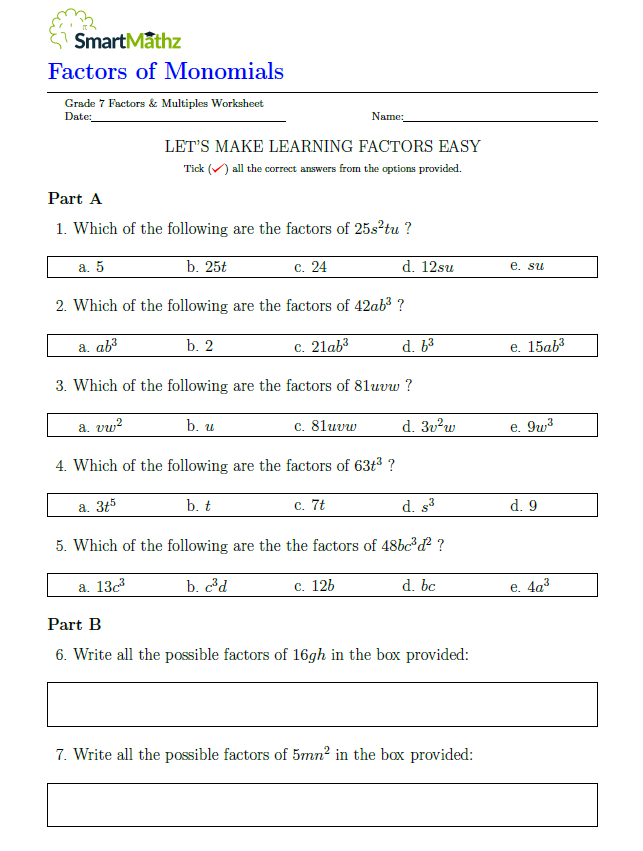 Factors of Monomials - SmartMathz