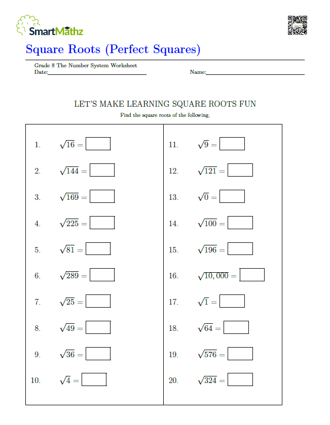 Square Roots Perfect Squares Smartmathz