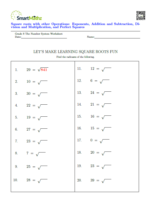 Square Roots With Other Operations Exponents Addition And Subtraction Division And