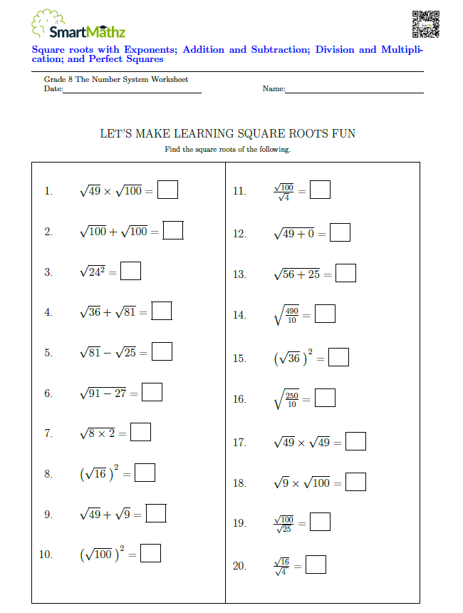 Square Roots with Exponents, Addition and Subtraction, Division and ...