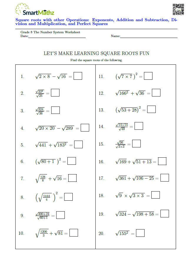 Square Roots with other Operations: Exponents, Addition and Subtraction ...
