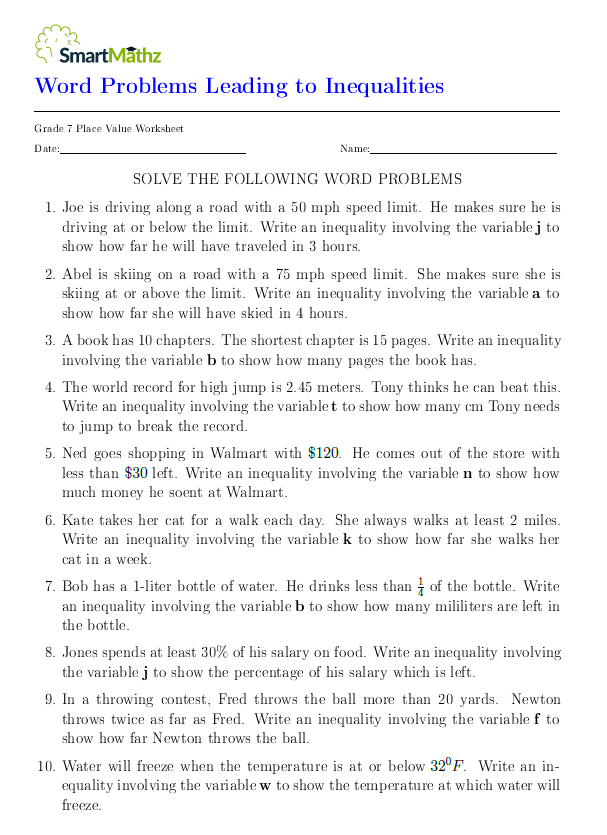 Word Problems leading to Inequalities - SmartMathz