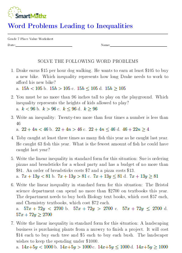 Word Problems leading to Inequalities - SmartMathz