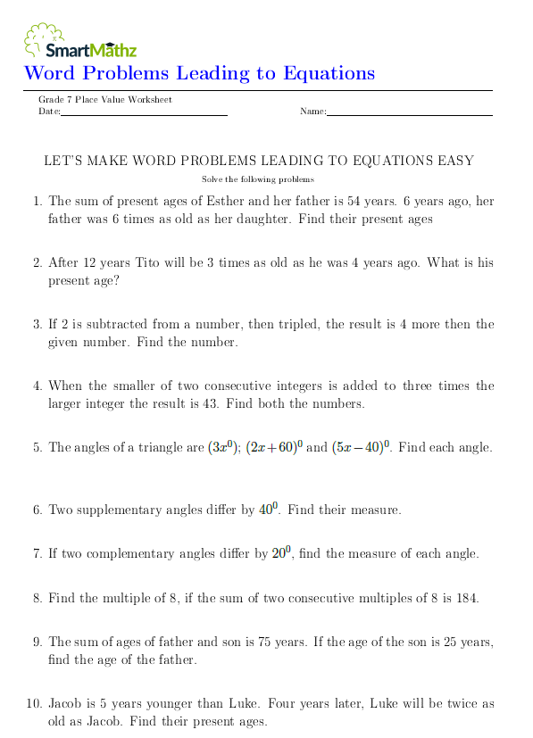 Word Problems leading to Equations - SmartMathz