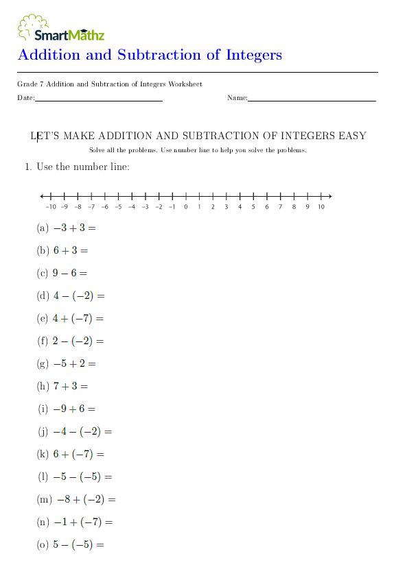 Addition and Subtraction of Integers - SmartMathz
