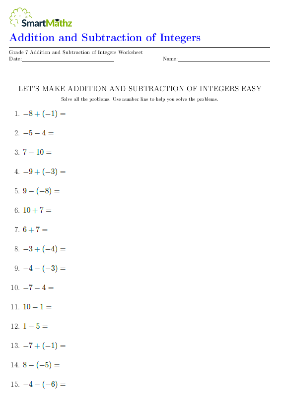 Addition and Subtraction of Integers - SmartMathz