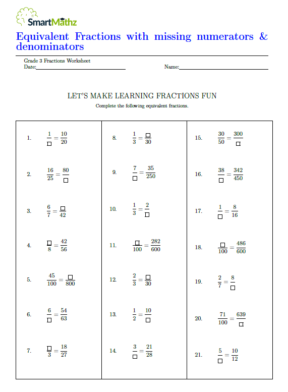 Equivalent Fractions with missing numerators & denominators - SmartMathz